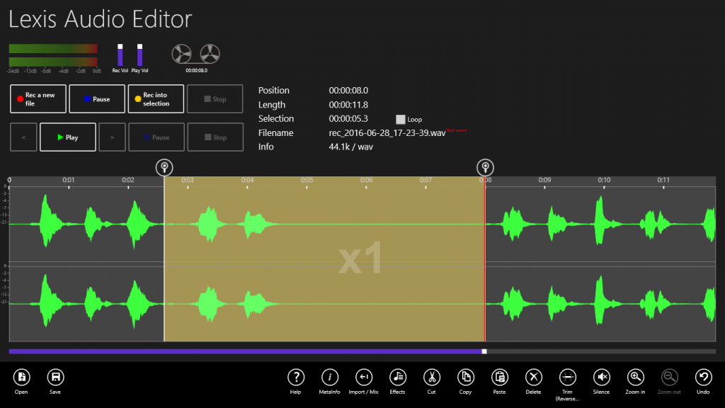 Record direct into an open sound file – Windows – Lexis Audio Editor