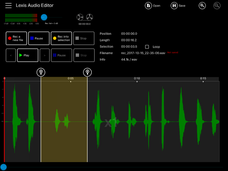 Record direct into an open sound file – iOS – Lexis Audio Editor